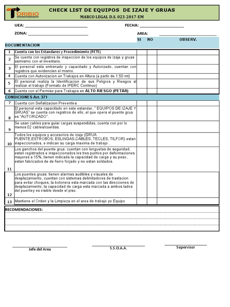 5 - Check List Equipos de Izaje y Gruas | PDF
