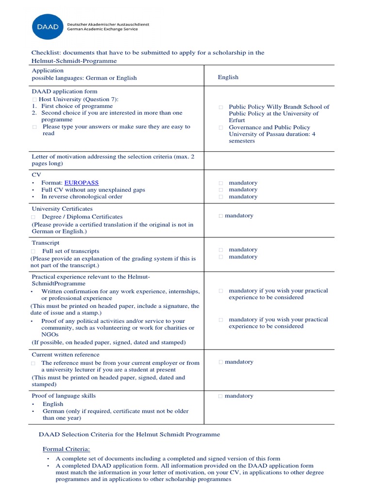 Helmut-Schmidt-Programme - Checklist 1 | PDF | Academic Degree | Internship