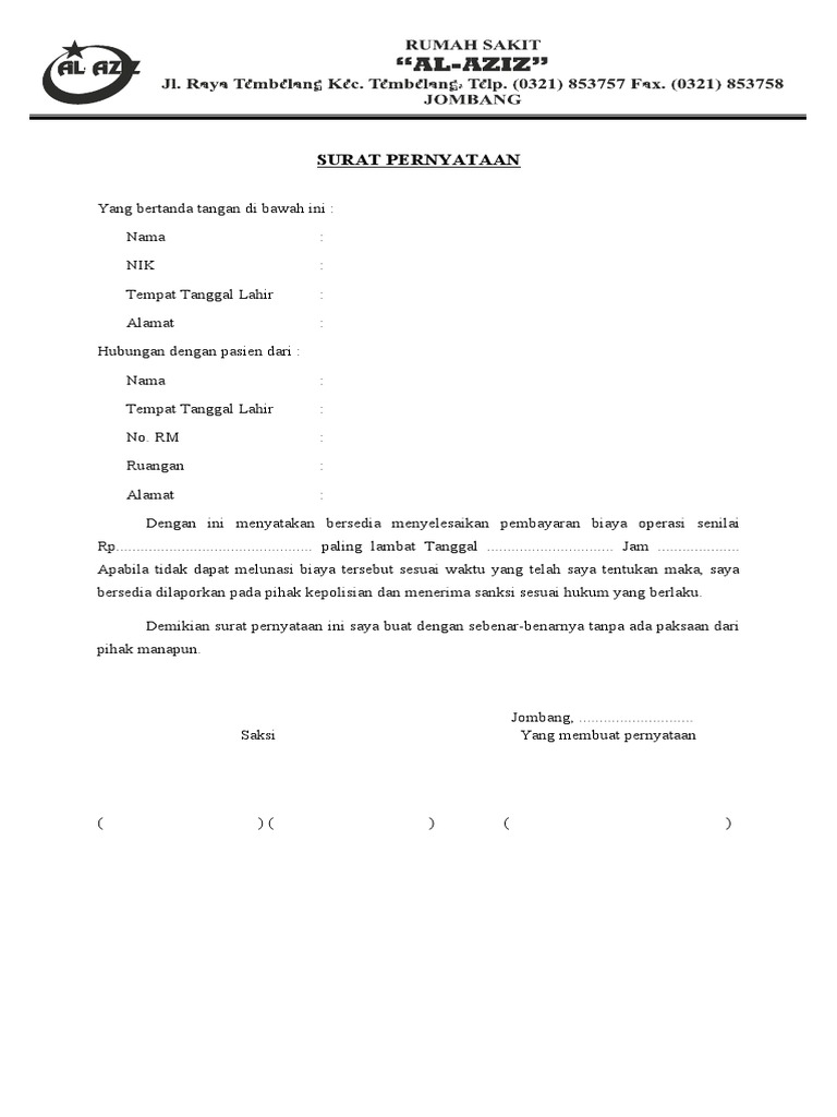 SURAT PERNYATAAN Pembayaran Biaya Operasi (Kop) | PDF