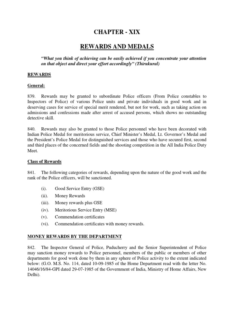 CHAPTER 19 Rewards and Medals | PDF | Inspector | Police