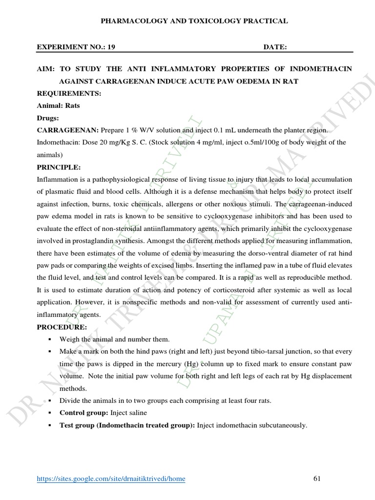 To Study The Anti Inflammatory Properties of Indomethacin Against ...