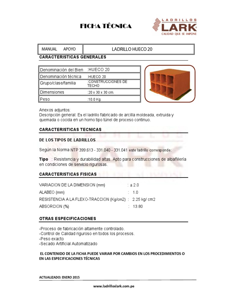 Ficha Técnica Ladrillo Hueco 20 | PDF
