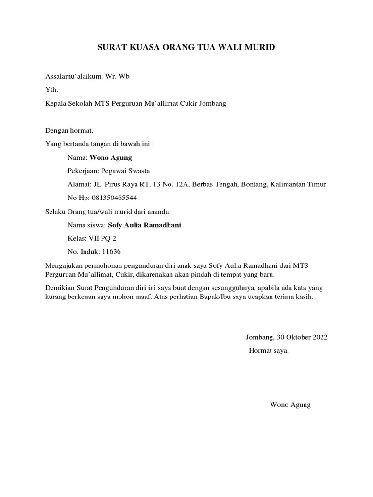 Surat Kuasa Orang Tua Wali Murid | PDF