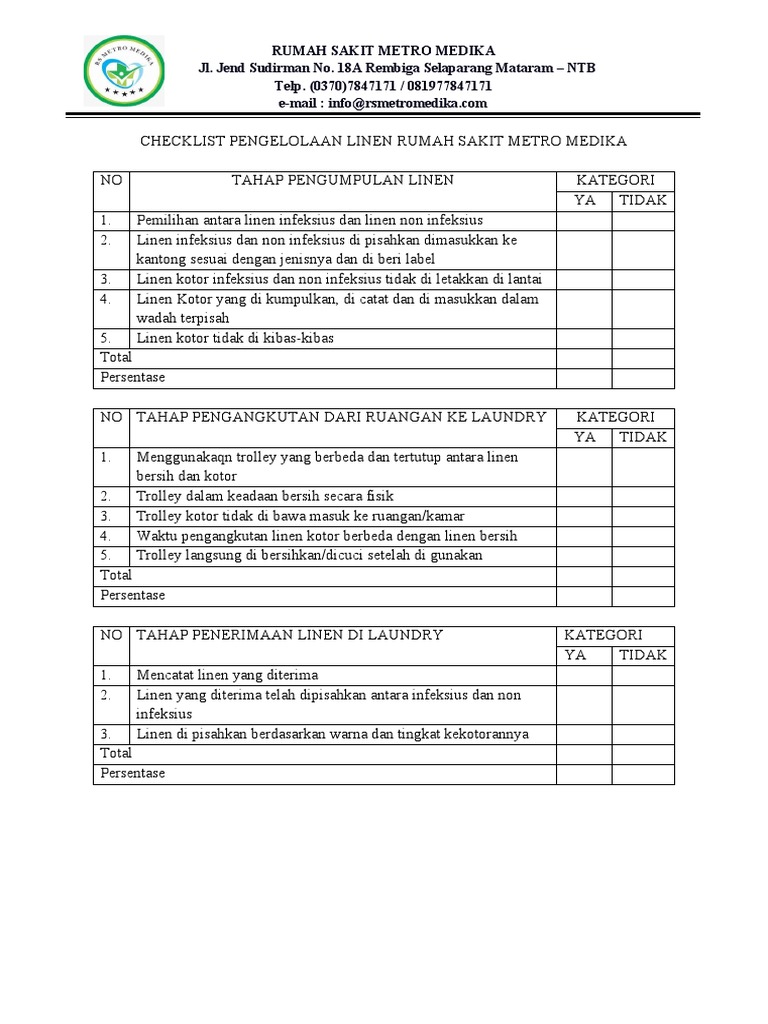 Checklist Pengelolaan Linen Rumah Sakit Metro Medika | PDF
