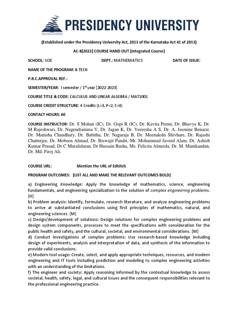 Calculus and Linear Algebra Syllabus | PDF | Differential Equations ...