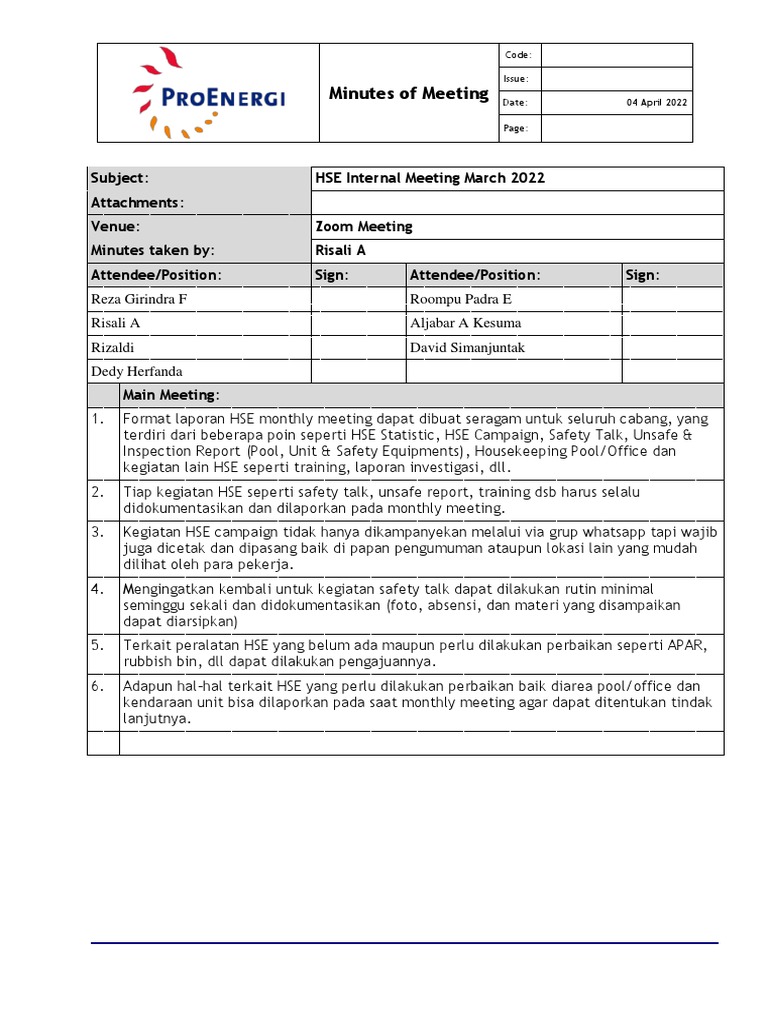 Rapat Internal HSE Maret 2022 | PDF