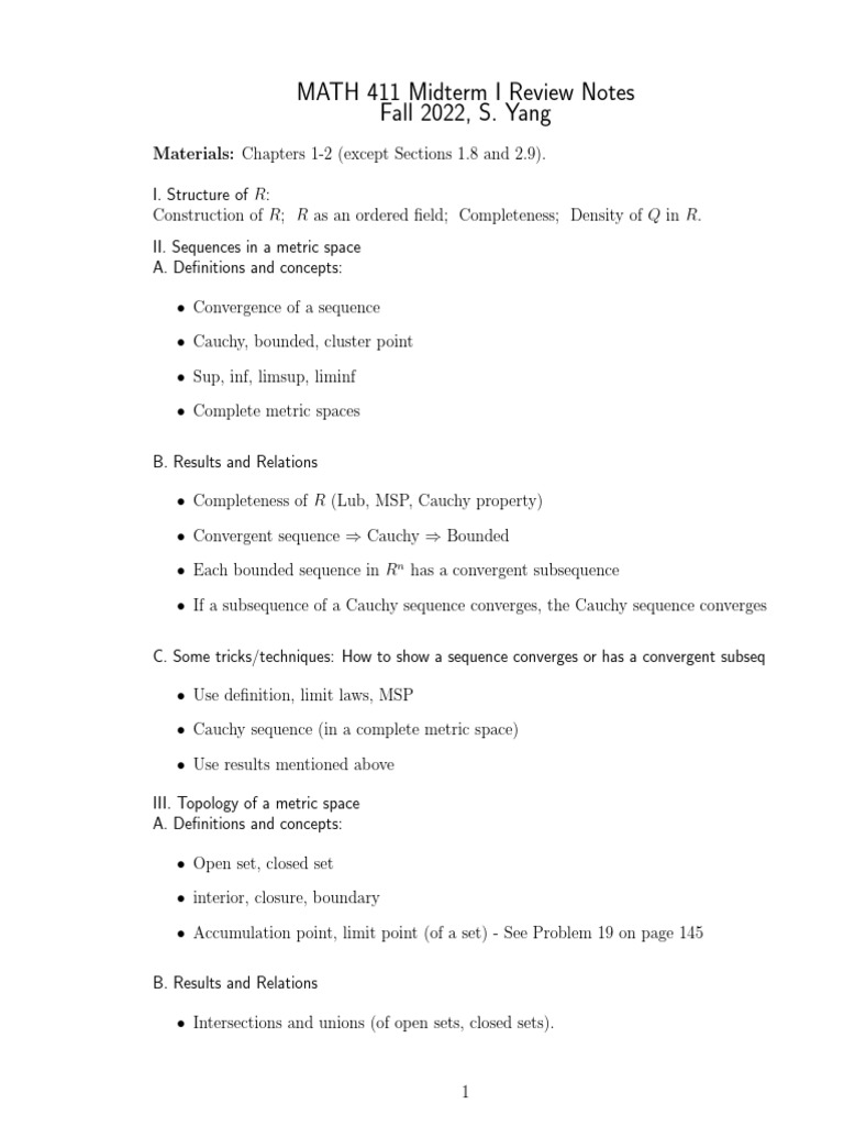 MATH 411 Midterm I Review: Sequences and Topology in Metric Spaces | PDF