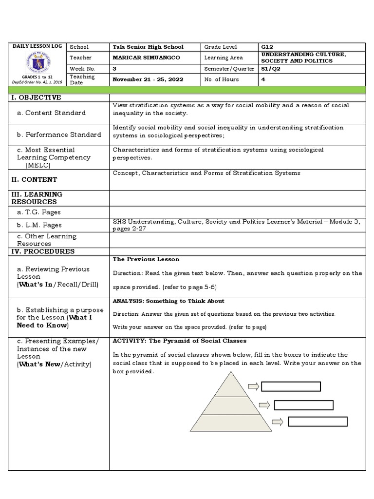 DLL Week 3 UCSP | PDF | Social Stratification | Learning