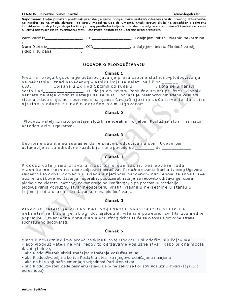 Ugovor o Plodouživanju | PDF