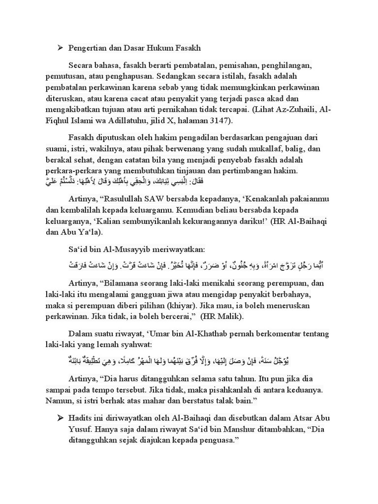 Pengertian Dan Dasar Hukum Fasakh | PDF
