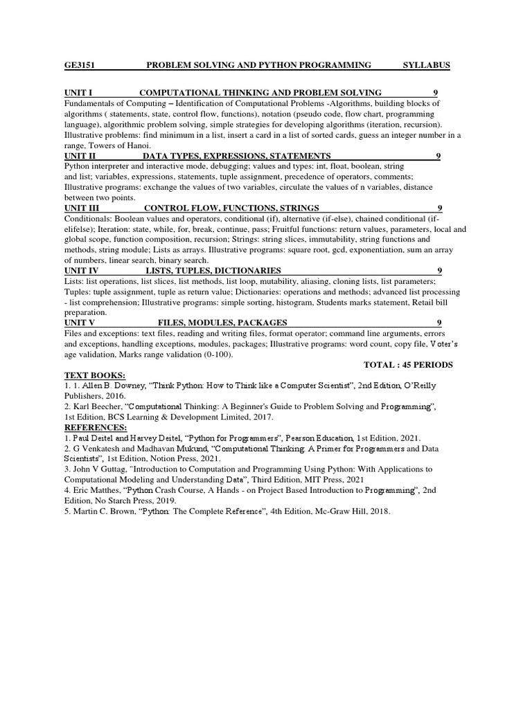 Ge3151 Problem Solving And Python Programming Syllabus Pdf Computer Programming Software 9535