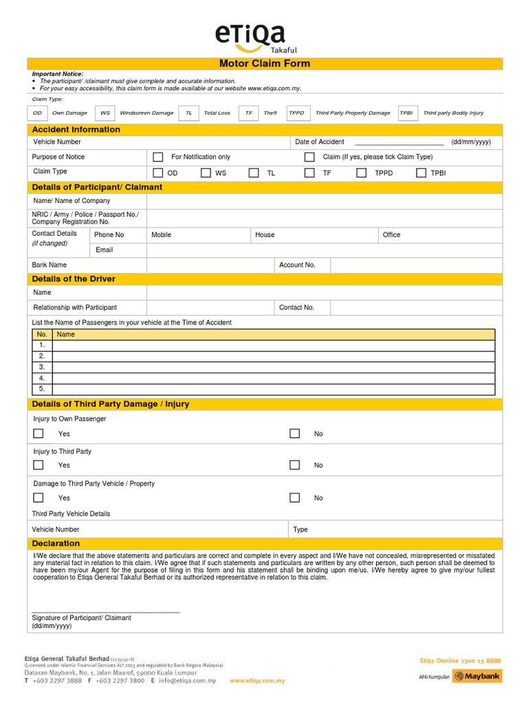 Claims Form For MOTOR Takaful, 0 | PDF