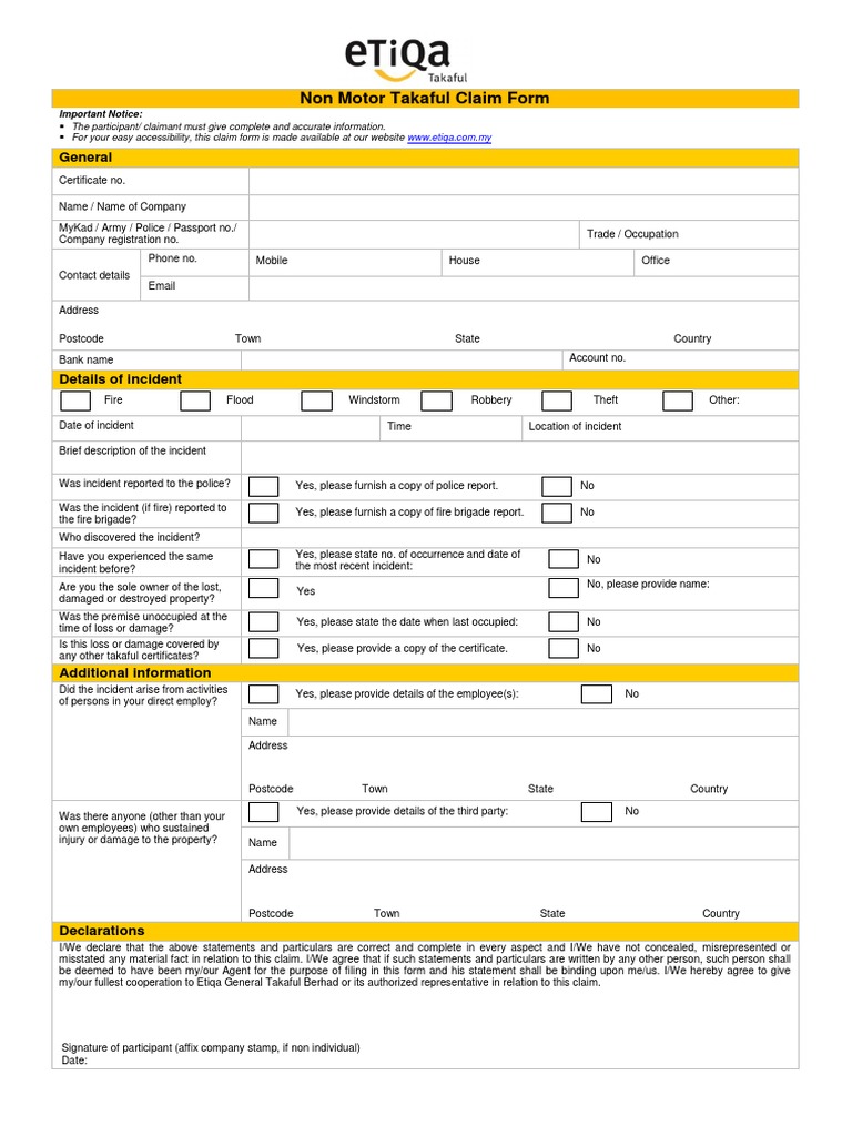 Claims Form For NON MOTOR Takaful, 0 | PDF