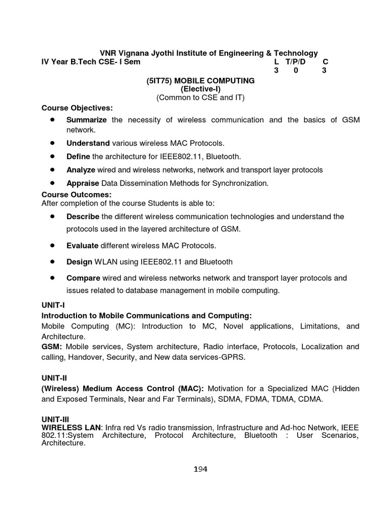 MC Syllabus Iv Btech | PDF | Computer Network | Wireless Lan