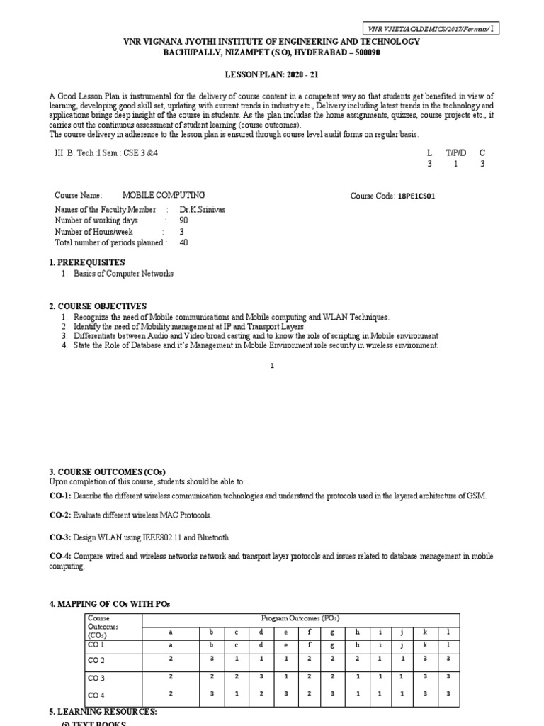 Lesson Plan For The Mobile Computing Course Covering Key Concepts Objectives Outcomes