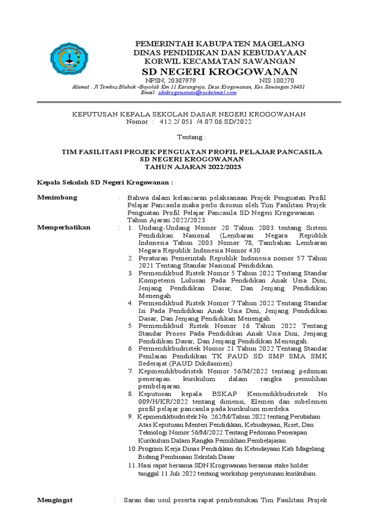 SK Tim Fasilitasi Projek Profil Pelajar Pancasila (p5) SDN Krogowanan | PDF