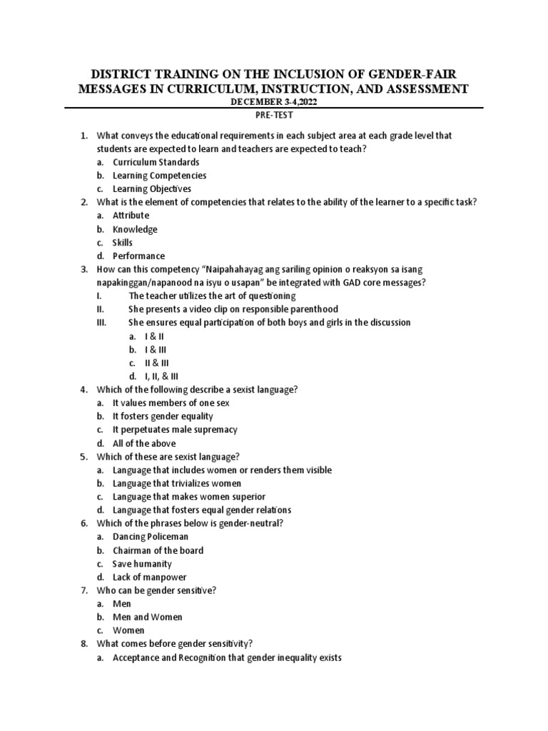 Gad Pre Test and Post Test | PDF | Classroom | Gender