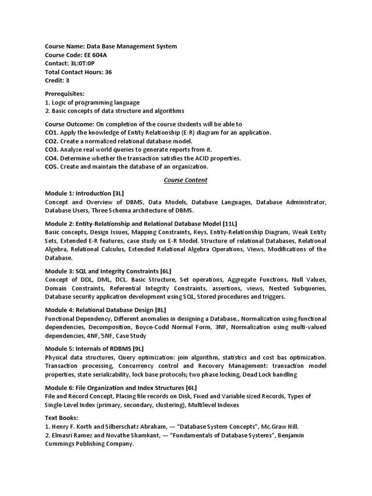 DBMS (EE604A) Syllabus R18 | PDF | Relational Database | Databases