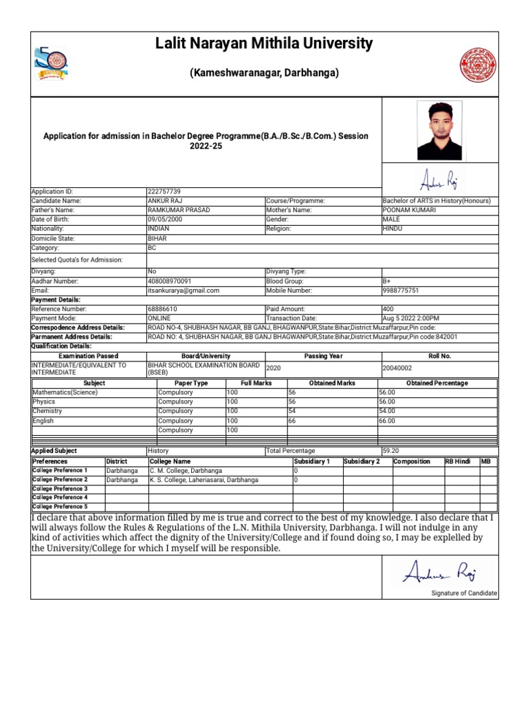 Application Form LNMU | PDF | Bachelor's Degree