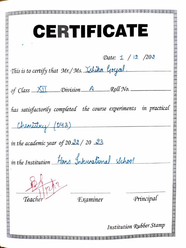Student Chemistry Practical Certificate | PDF | Chemistry | Physical Sciences