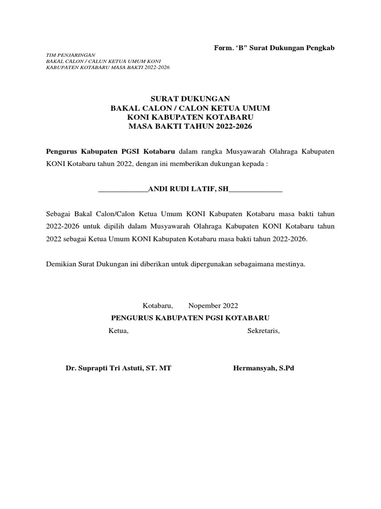 Surat Dukungan Ketum KONI 2022 PGSI | PDF