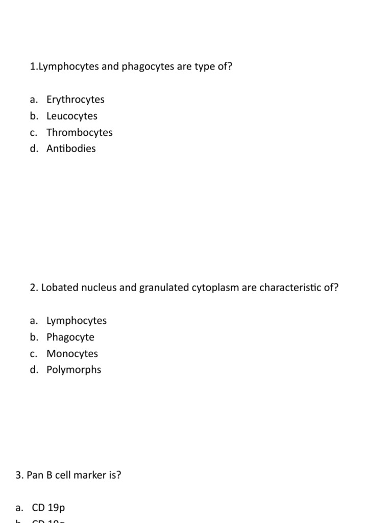 Hematology MCQs on White Blood Cells | PDF | White Blood Cell | Medical ...