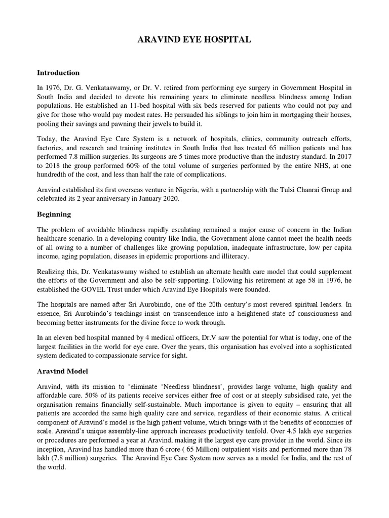 Aravind Eye Hospital: Pioneering Affordable Eye Care | PDF | Hospital | Patient