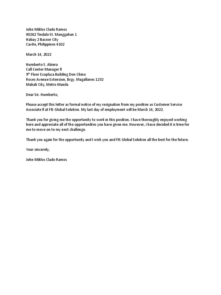 Resignation Letter | PDF