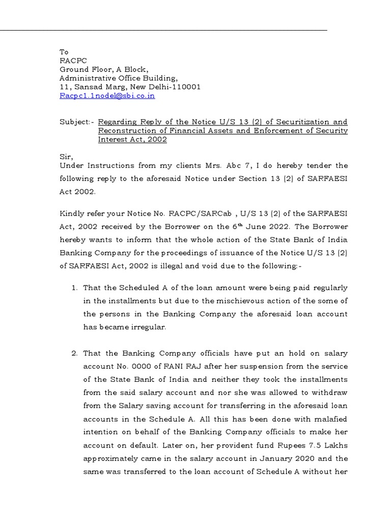 Draft Reply Of The Notice Us 13 2 Of Securitization And Reconstruction
