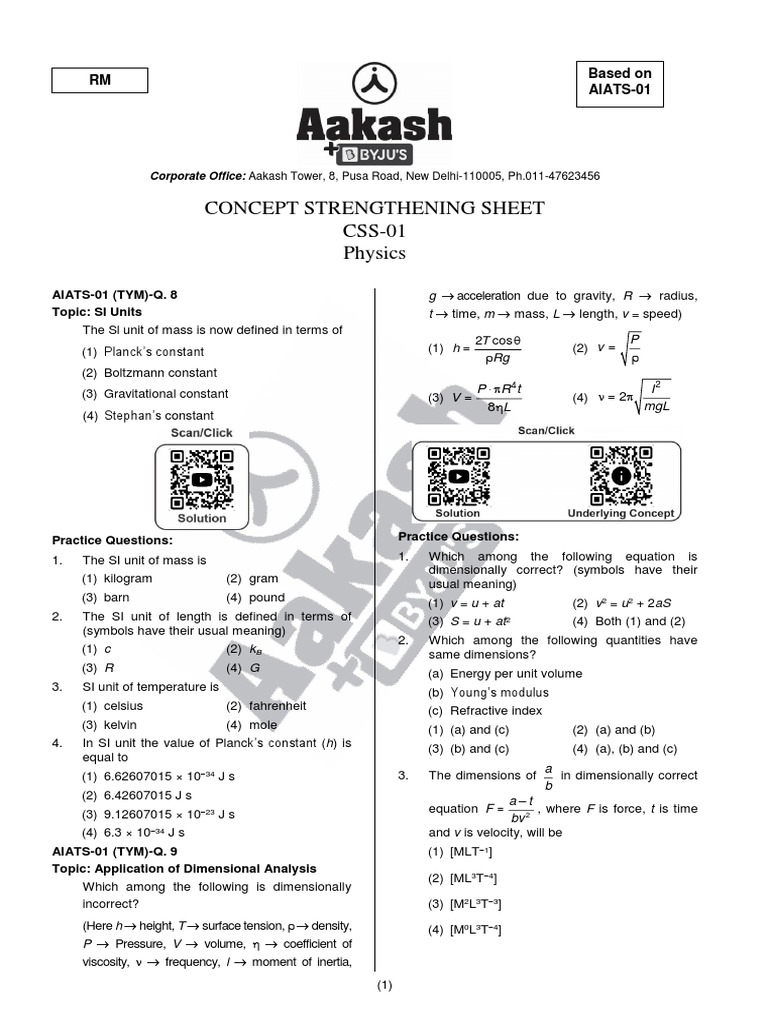 Concept Strengthening Sheet (CSS-01) Based On AIATS-01 RM | PDF | Mitosis | Meiosis