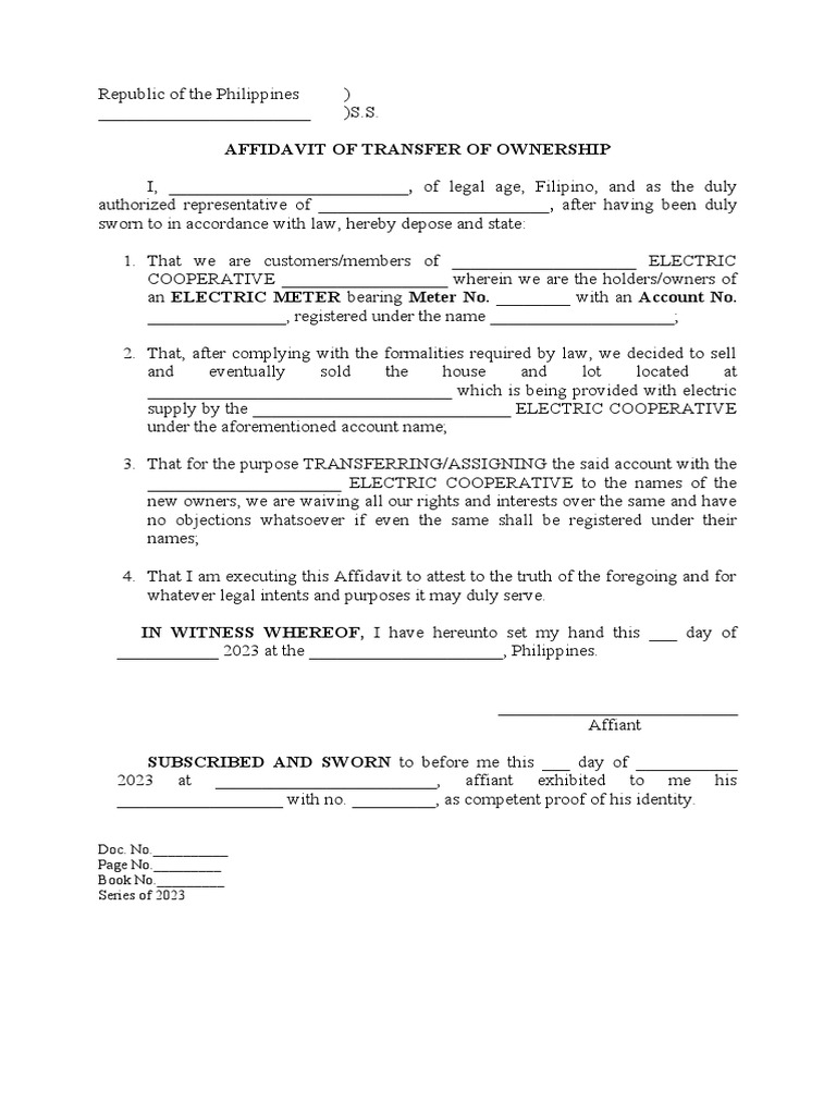 Affidavit of Transfer of Ownership (Electric Meter) | PDF