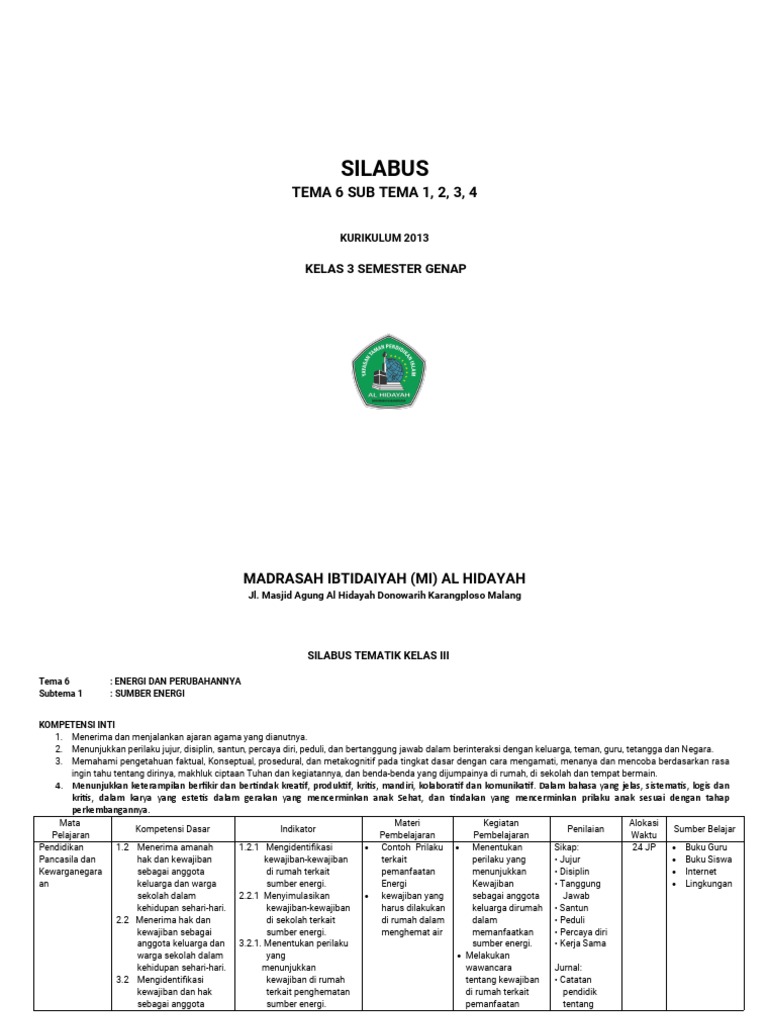 Silabus Kelas 3 Tema 6 ST 1234-Irene | PDF