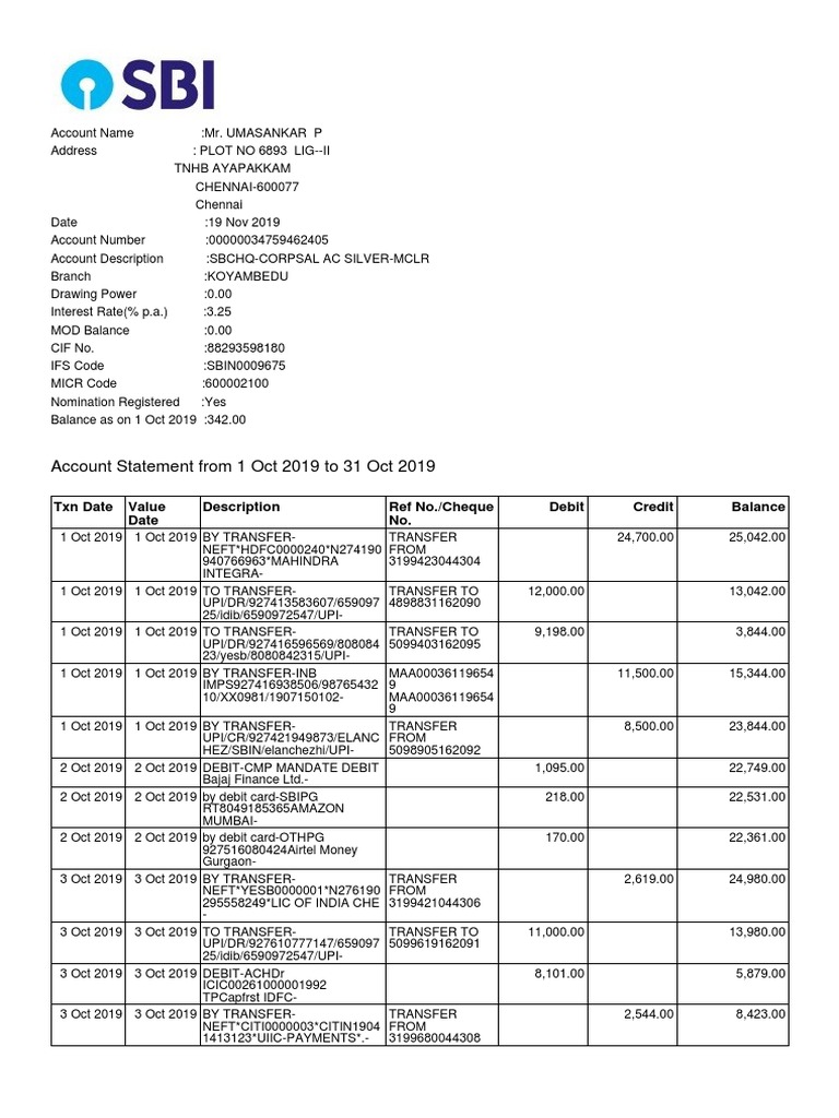 SBI Acc Statement Oct'2019 | PDF | Reserve Bank Of India | Debits And ...