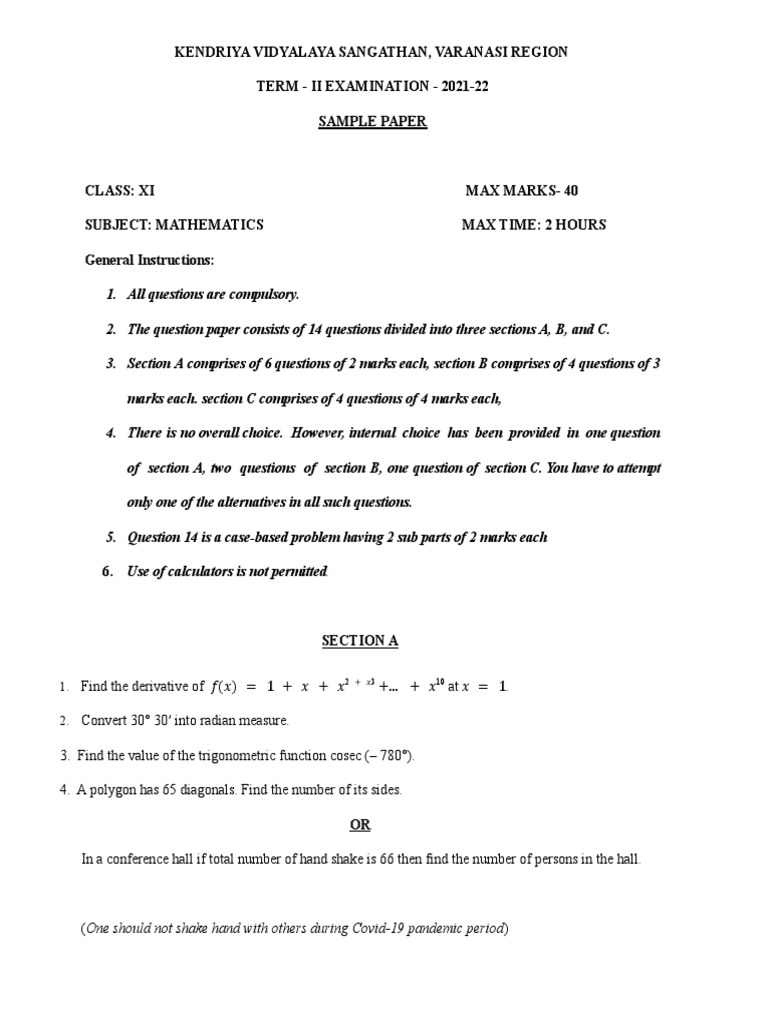 Class XI Math Sample Paper | PDF | Mathematics