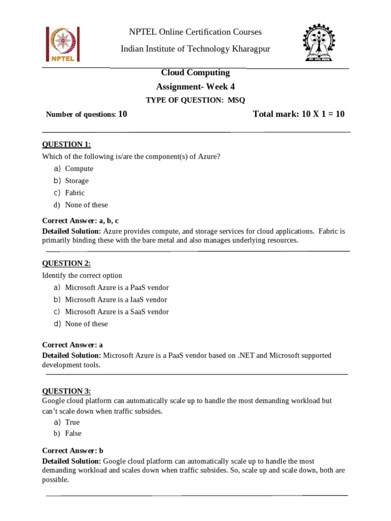 NPTEL CC Assignment4 | Download Free PDF | Cloud Computing | Microsoft ...