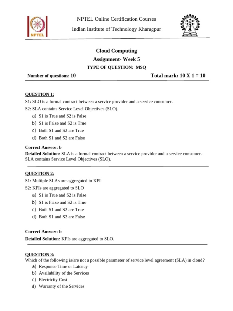 NPTEL CC Assignment5 | PDF | Cloud Computing | Service Level Agreement
