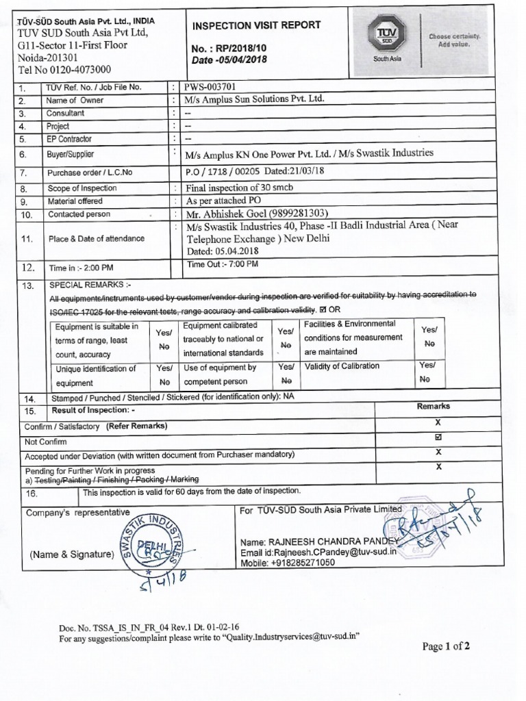 WH Stock SMCB Stand Inspection Report (TUV) 05042018-1 | PDF