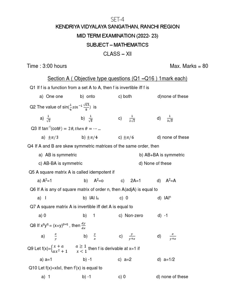 Kvs Maths Hy Question 22 23 | PDF | Matrix (Mathematics) | Volume