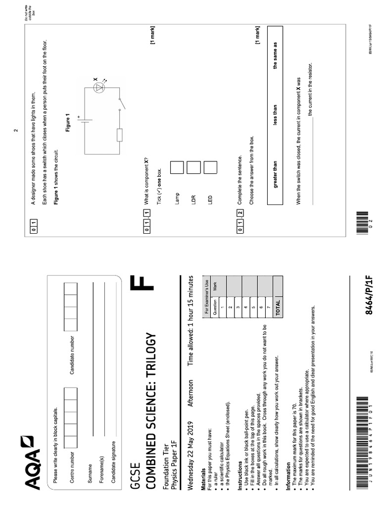 Question Paper (Foundation) - Paper 1 Physics - June 2019 | PDF