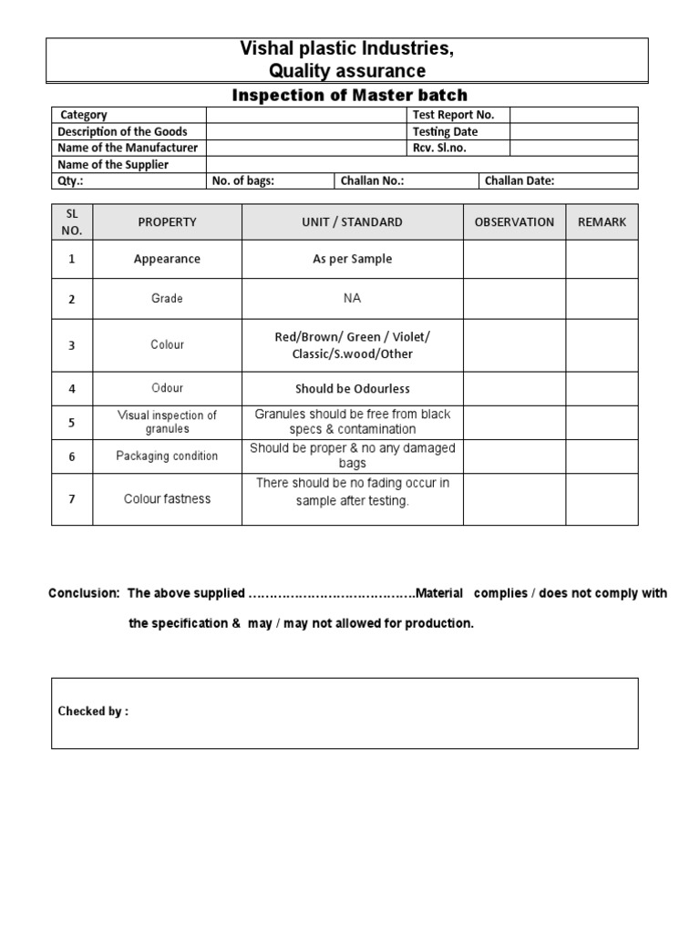 Master Batch Inspection Report | PDF