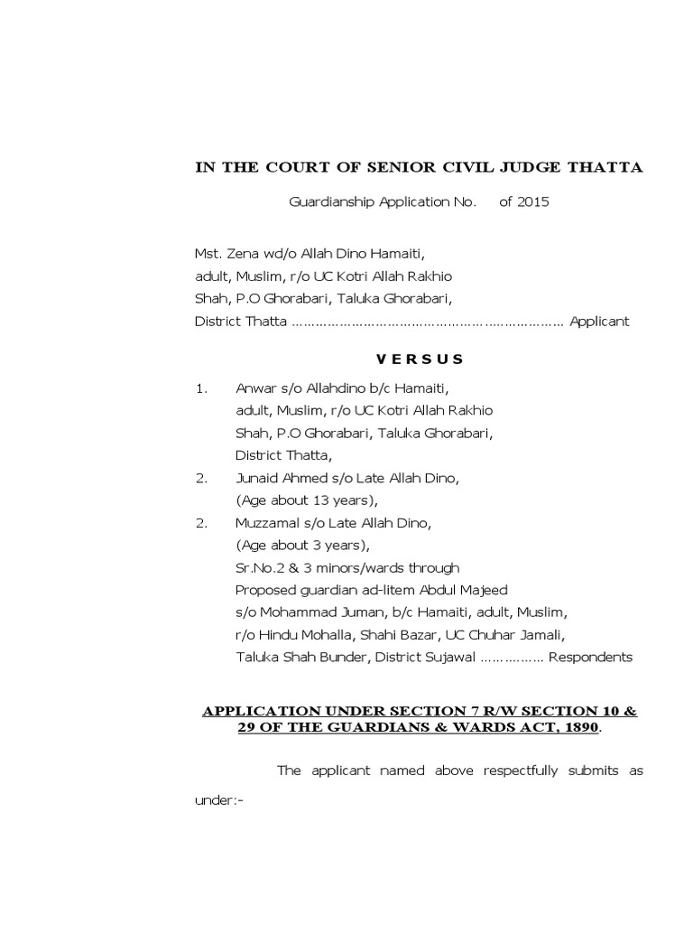 Application Under Section 7, 10 & 29 Guardians and Ward Act (Person and ...