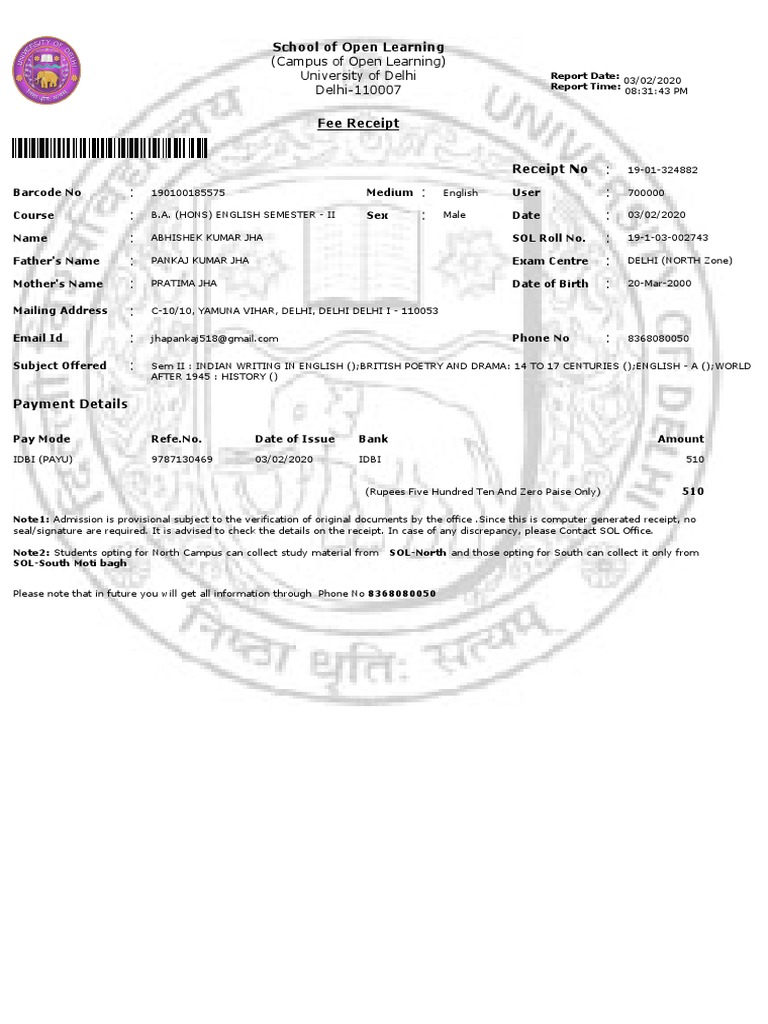 Abhishek Fee Receipt 2ND Sem | PDF | Receipt | Service Industries