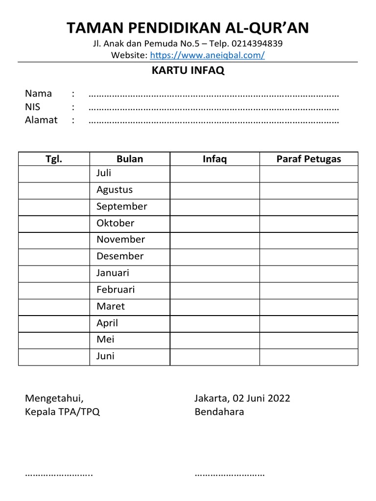 Contoh Kartu SPP Ngaji Tpa TPQ | PDF