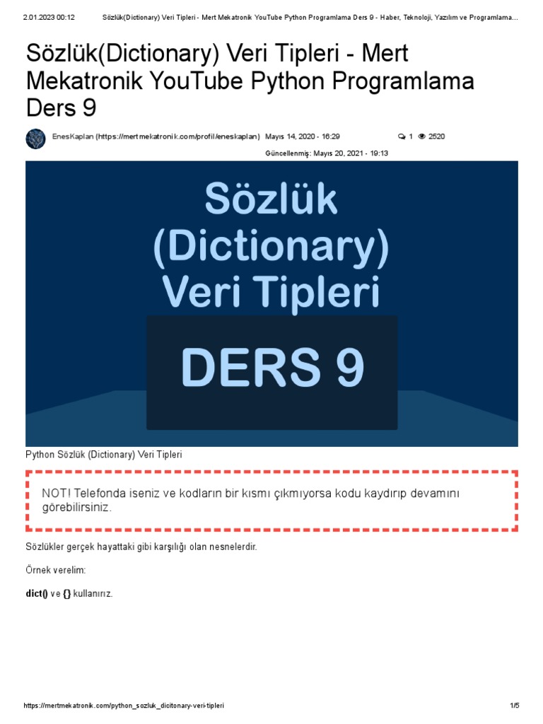 Sözlük (D CT Onary) Ver T Pler - Mert Mekatron K Youtube Python Programlama Ders 9 | PDF