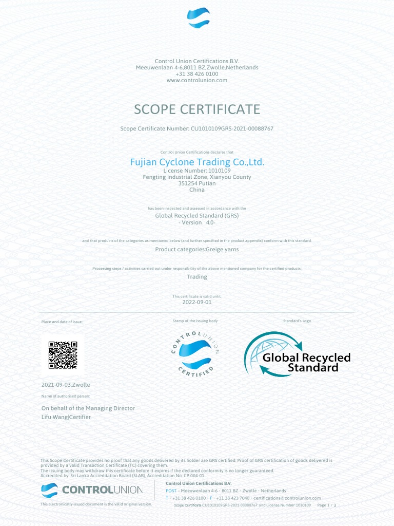 Scope Certificate: Fujian Cyclone Trading Co.,Ltd | PDF