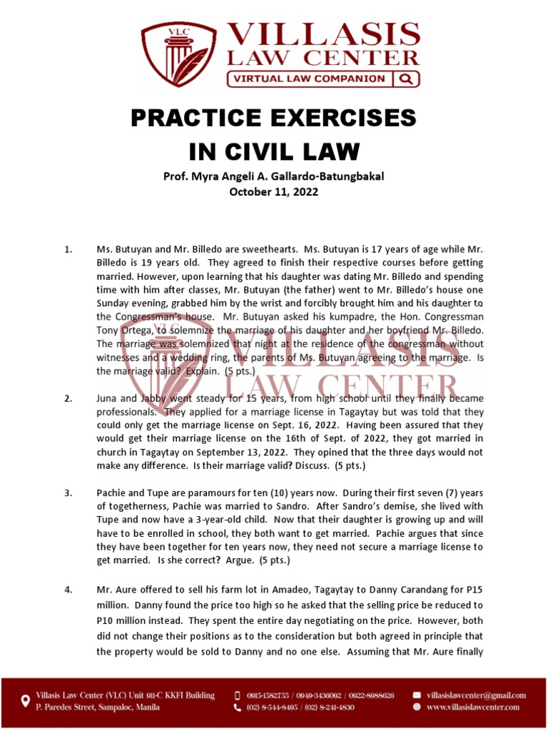 VLC-SL2022-BNB-CIVIL-LAW-Practical-Exercises-v.1-Prof. Myra Angeli G. Batungbakal | PDF | Vagina ...