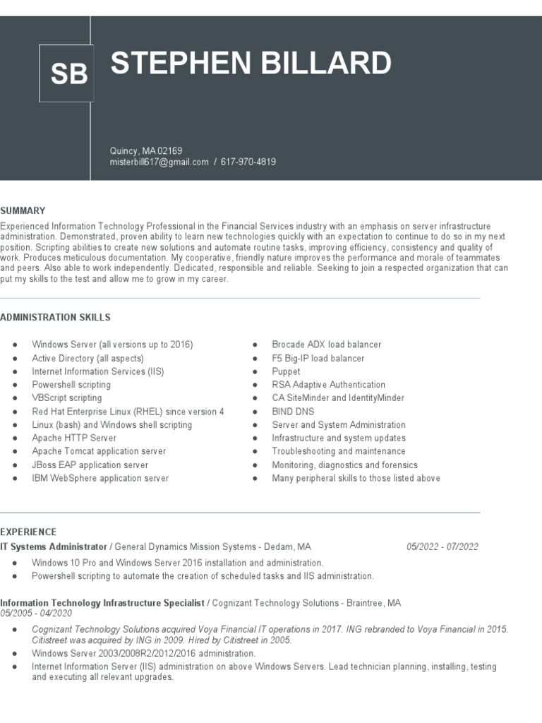 Stephen Billard Resume v20 | Download Free PDF | Operating System ...