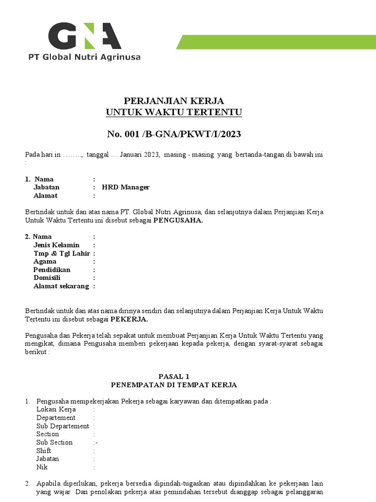 Draft PKWT PT - GNA | PDF