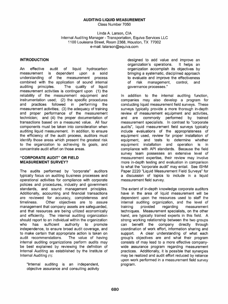 Audit Liquid Measurement (Class 7050) | PDF | Audit | Internal Audit