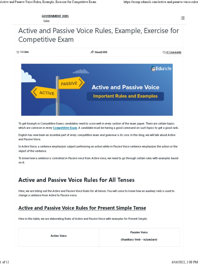 Active and Passive Voice Rules, Example, Exercise For Competitive Exam ...